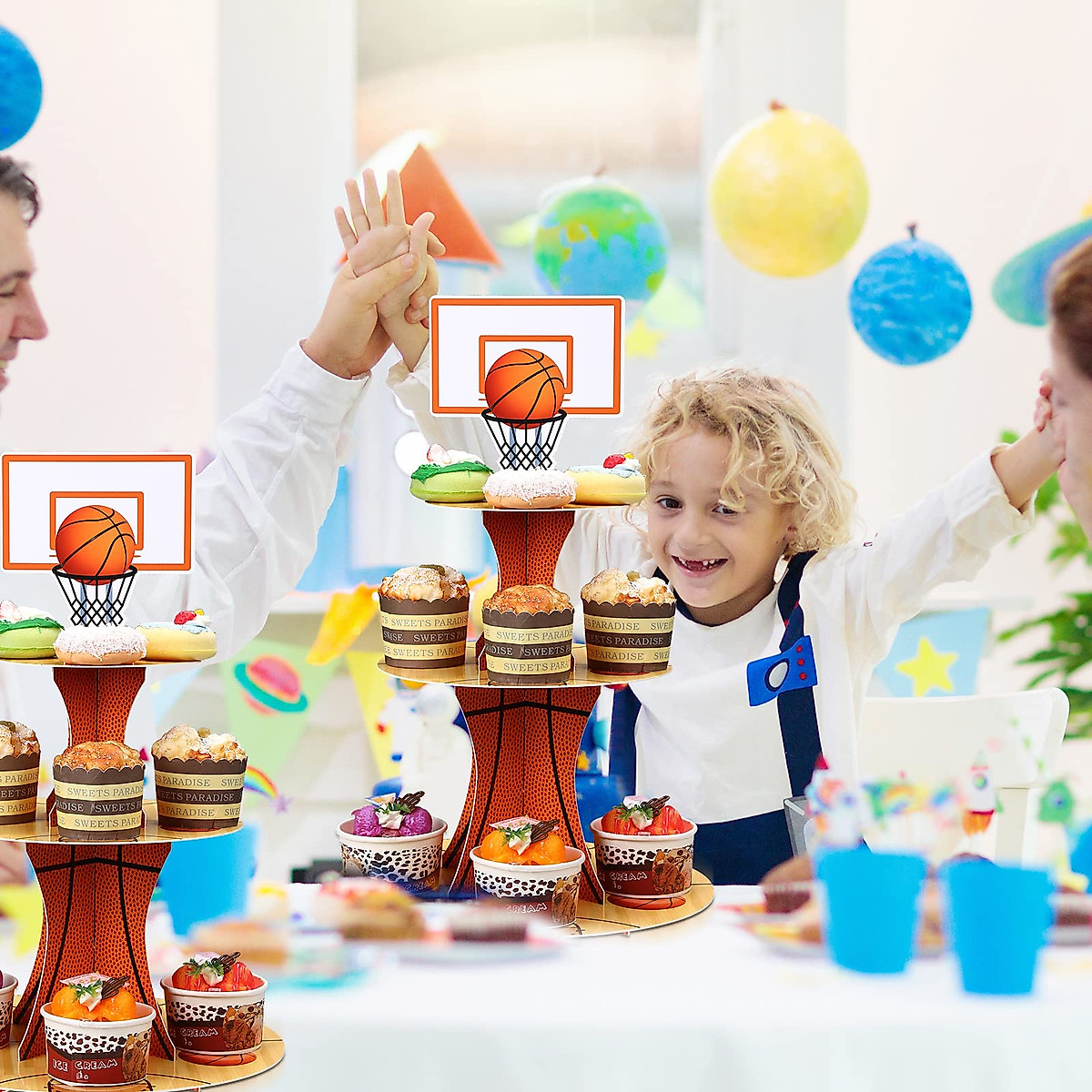 Basketball Theme Party Cupcake Stand Decorations, 3 Tier Sports Theme Party Cupcake Tower Baseball Basketball Birthday Party Table Decorations for Teenagers Baseball Basketball Sports (Basketball)