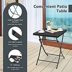 Tangkula 3 Piece Patio Bistro Set, Folding Wicker Chairs & Table Set, Solid Metal Frame, Outdoor Patio Furniture Set for Garden, Front Porch, Poolside, No Assembly Needs (Black)