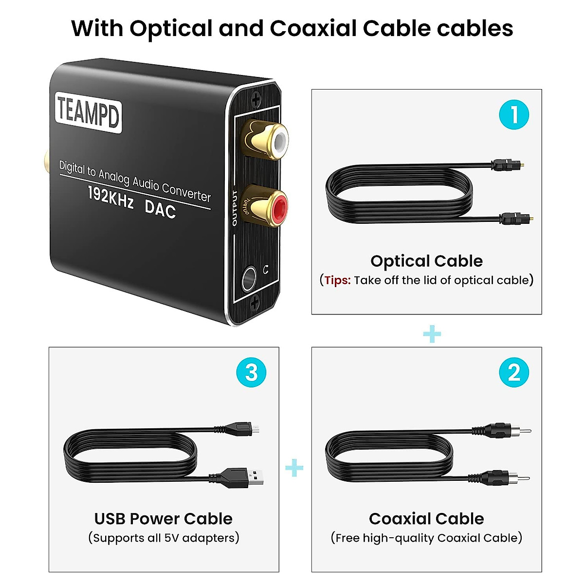 192KHz Digital to Analog Audio Converter, Aluminum Optical to RCA Converter with Optical Coaxial Cables, Toslink Optical Digital to RCA (L/R) and 3.5mm Jack DAC For TV PS4 DVD PS3 Amp Receiver Speaker