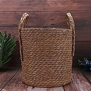 YARDWE 1Pc Woven Linen Flower Basket with Plastic Film Seagrass Storage Basket with Handles Handwoven Storage Bin Plant Holders ( Light Brown )