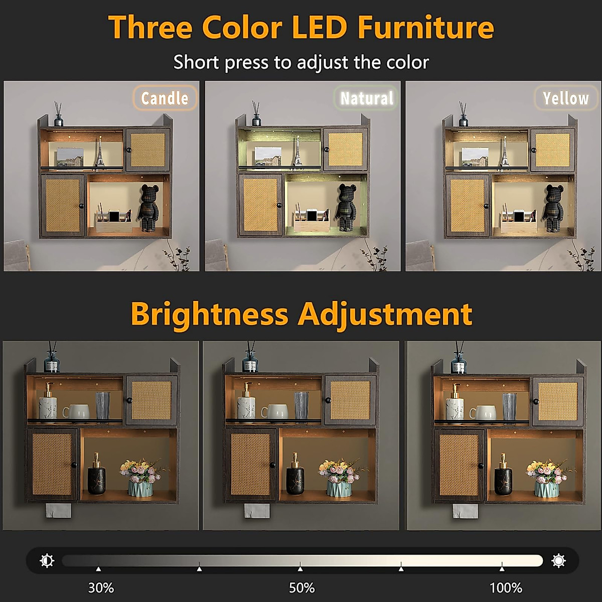 VIWODS Wall Cabinet with Light, Floating Display Cabinet for Bedroom Living Room Decor, Medicine Cabinet for Bathroom Over Toilet Storage, Rustic Brown