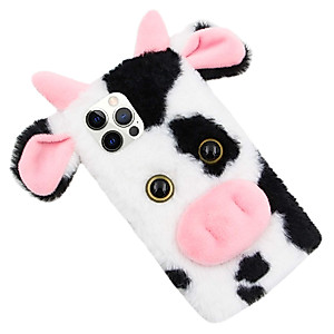 Girlyard Milk Cow Case for Samsung Galaxy S21 FE 5G, Cute 3D Cartoon Dairy Cattle Fluffy Hairy Silicone Cover Fuzzy Warm Faux Stuffed Plush Doll Soft Furry Protective Shell for Women Girls - Black