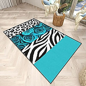Modern Leopard Print Turquoise Rose Area Rug Teal Flower Hallway Runner Carpets Wild African Animal Pattern Non-Slip Floor Mat for Living Room Bedroom Dining Room Studio Women Room Decor