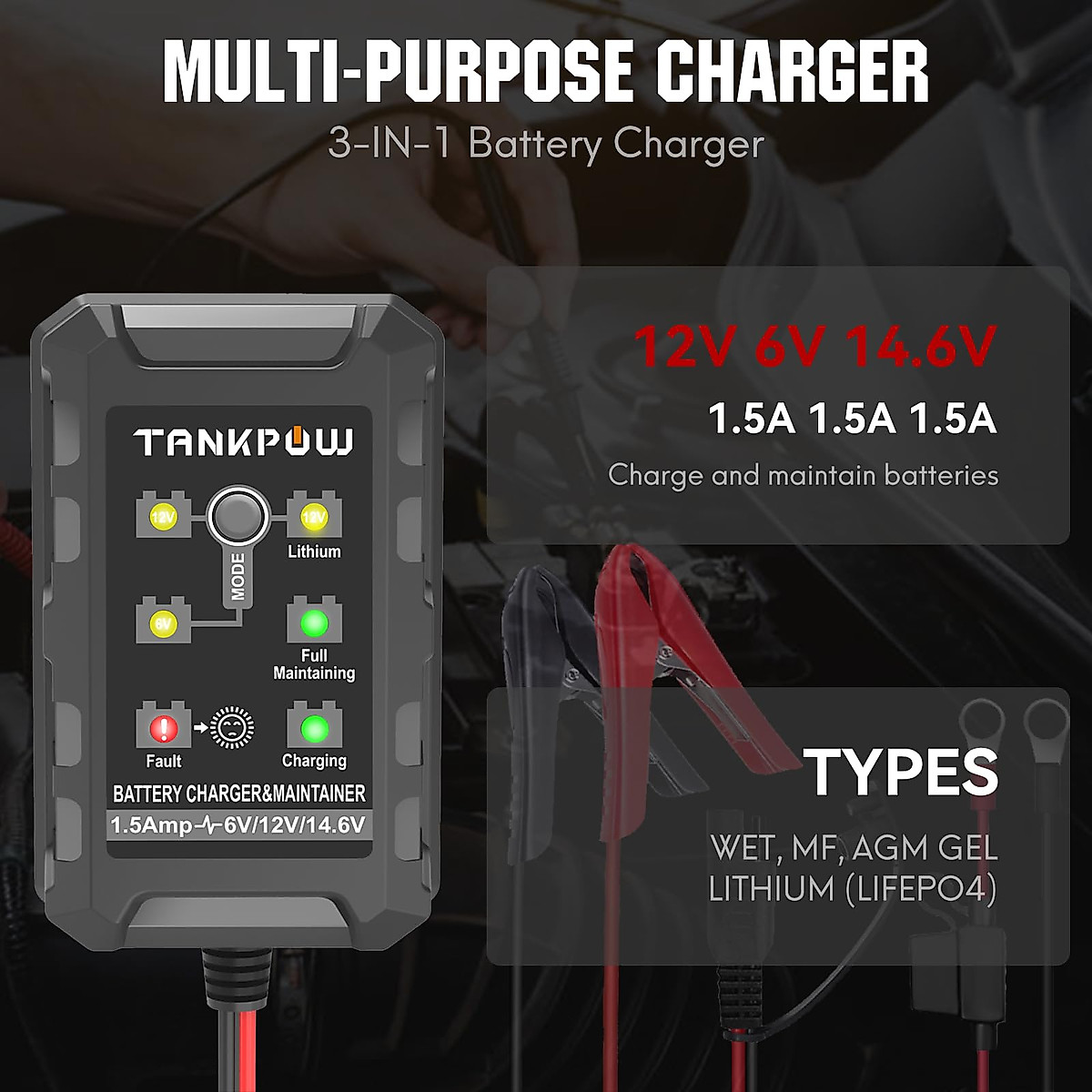 TANKPOW 1.5-Amp Smart Car Battery Charger,6V and 12V Automotive Battery Charger Battery Maintainer,Trickle Charger,Float Charger for Cars,Motorcycle,ATV,AGM,Gel,Lithium and Deep Cycle Batteries