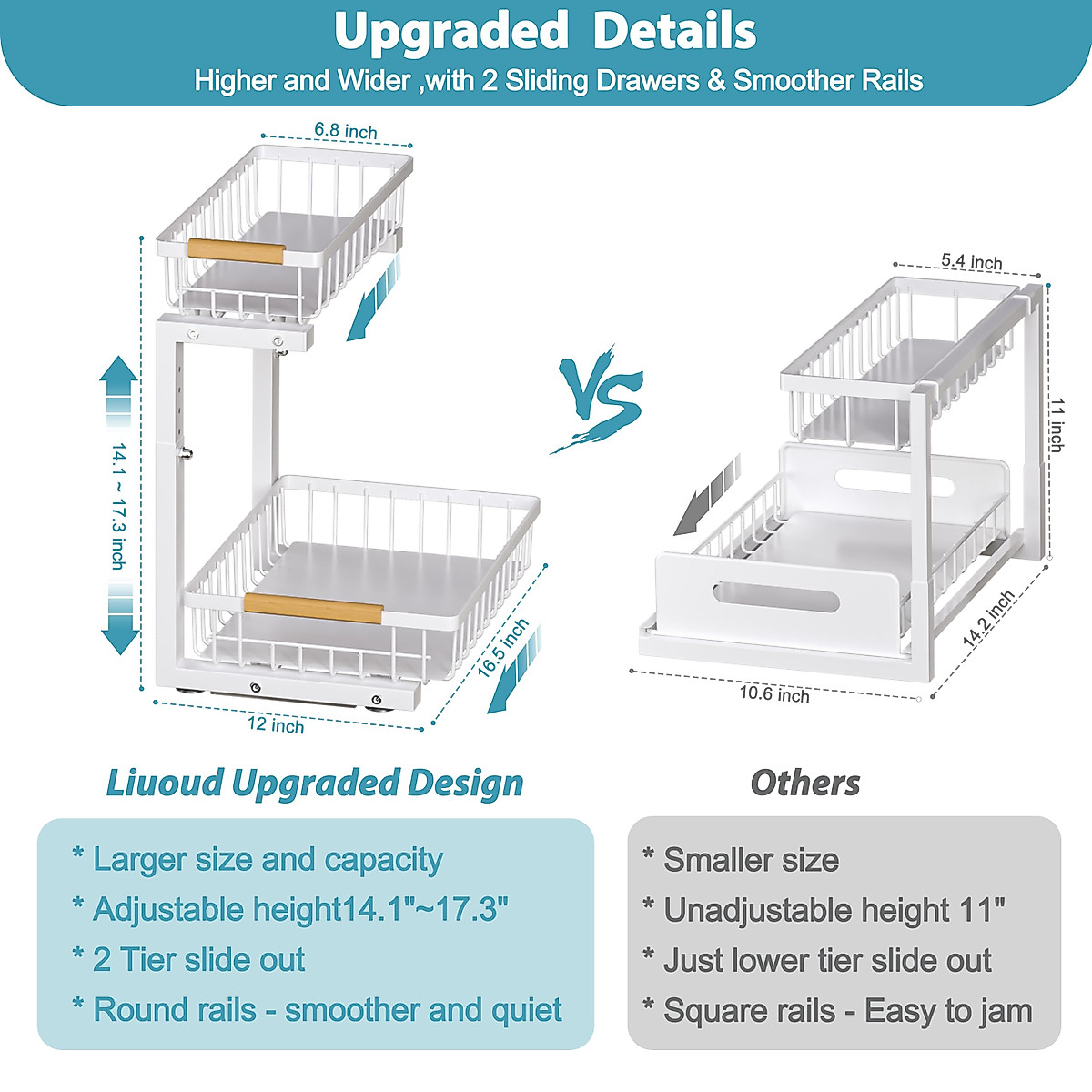 Liuoud Under Sink Organizer 1 pack, 2 Tier Slide Out Under Sink Organizers And Storage, Height Adjustable Pull Out Cabinet Organizer Drawers, Kitchen Bathroom Metal Sink Storage Shelves