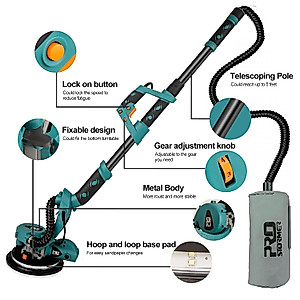 Drywall Sander, Prostormer 6.5A Electric Drywall Sander Machine with Automatic Vacuum System, 500 to 1800RPM Variable Speeds, LED Light, 13Pcs Sanding Pads, Extendable Handle and Carrying Bag