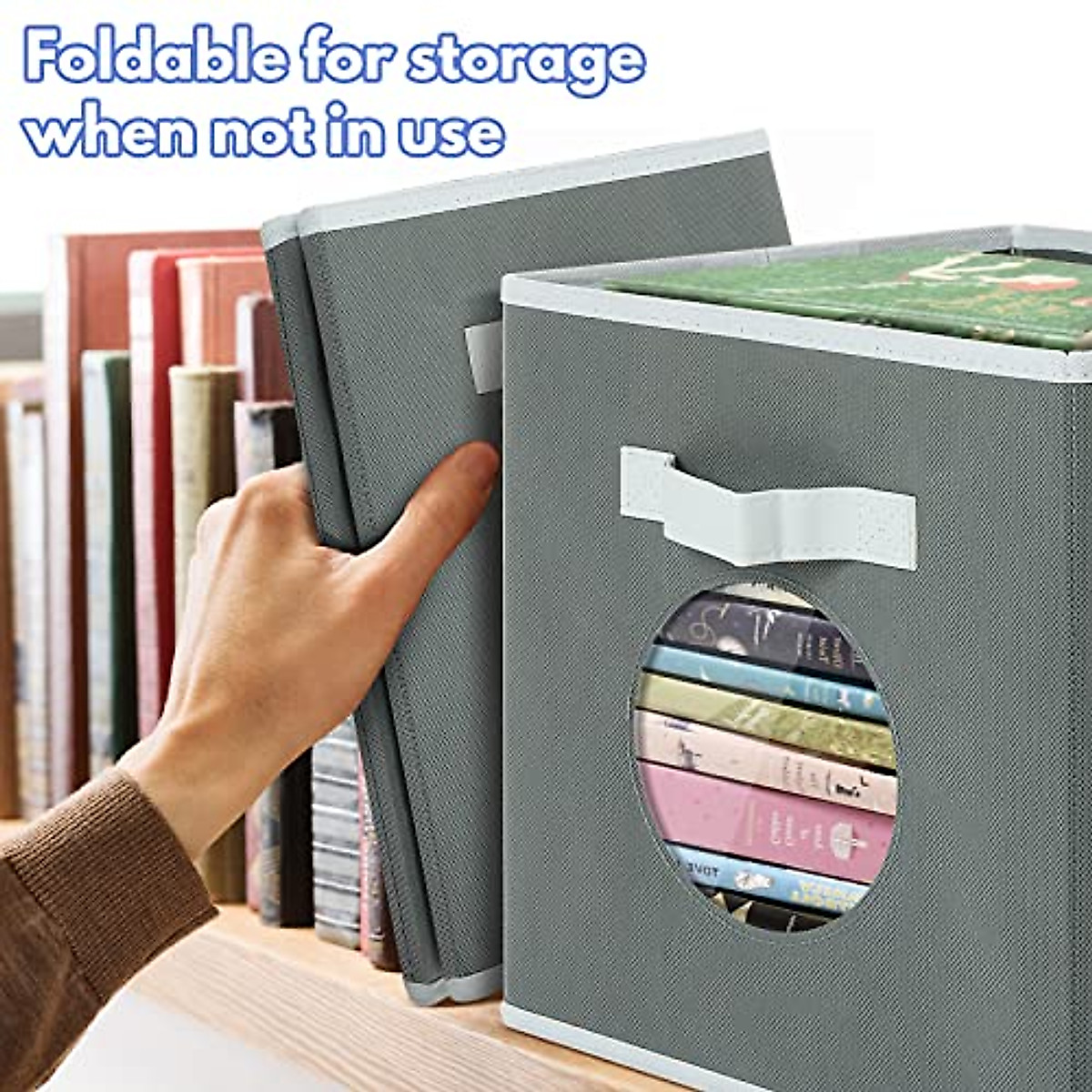 GARPROVM Collapsible Storage Cubes 11 Inch Foldable Fabric Storage Cubes With Clear Window and 4 Leather Pu Material Handles for Shelves For Closet, Utility Room, Storage Room