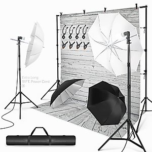 Julius Studio White Wood Backdrop with LED 1600W 5600K Umbrella Lighting Kit, 10 x 10 ft. Backdrop Stand Frame with Length Adjustable, White & Black Umbrella Reflector JSAG355