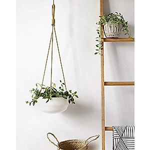 Mkono 8 Inch Ceramic Hanging Planter for Indoor Plants Modern Outdoor Porcelain Hanging Plant Holder Geometric Flower Pot with Polyester Rope Hanger for Herbs Ferns Ivy, White
