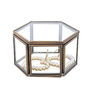Feyarl Tiny Glass Jewelry Trinket Box Ornate Ring Earring Box Preserved Flower Glass Box Organizer Decorative Box with Lid for Wedding Dresser Deco(Brass)
