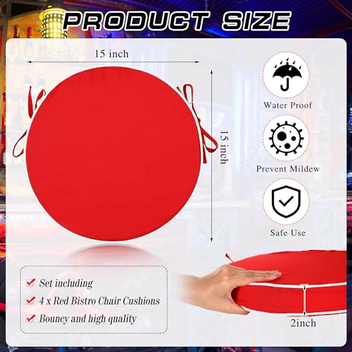 Kigley 4 Pcs 15 Inch Outdoor Round Bistro Chair Cushions Patio Bistro Round Foam Seat Cushion Round Chair Cushions with White Edge and Tie for Patio Bistro Garden (Red)