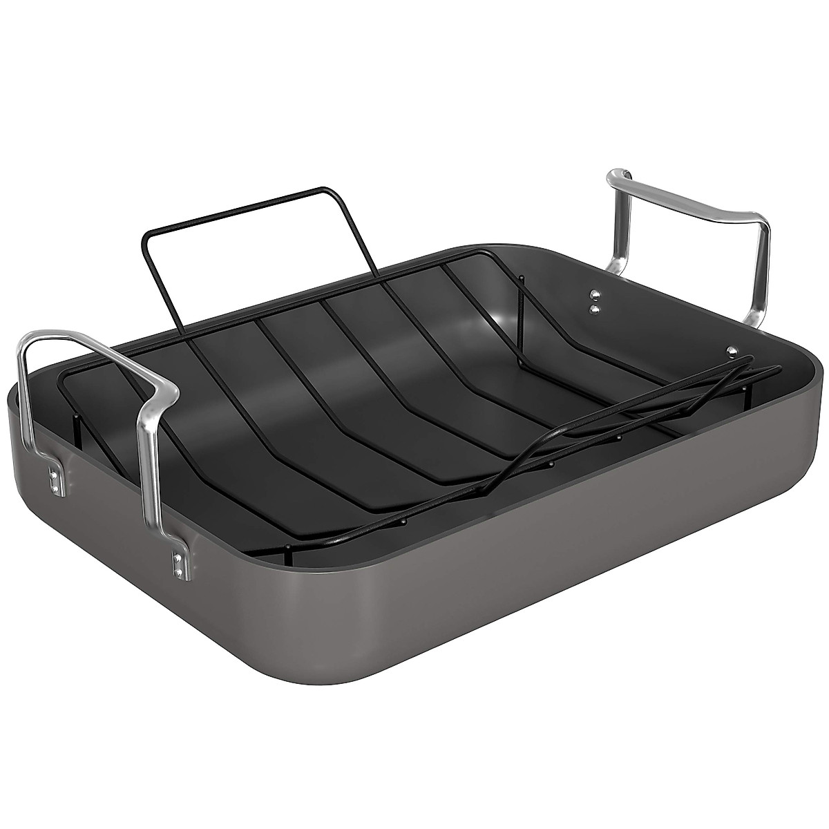 Turkey Roasting Pan, By Kook, Hard Anodized Roaster, Non stick, with Metal Rack and Stainless Steel Handles, 17 Inches from Handle to Handle (Grey)