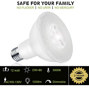 KENESCALR PAR30 LED Flood Long Neck Dimmable 3000K Warm White 12W(75Watt Halogen Equivalent) Spot Light Bulbs E26 1200LM 40 Degree Indoor/Outdoor 4 Pack