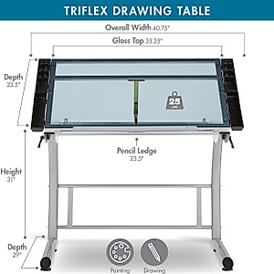 SD Studio Designs Triflex Drawing Table, Sit to Stand Up Adjustable Office Home Computer Desk, 35.25" W X 23.5" D, Silver/Blue Glass