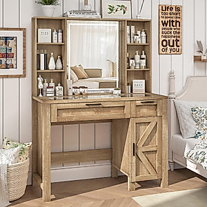 usikey Farmhouse Makeup Vanity Desk with Mirror and Lights, Glass Tabletop Makeup Vanity with Adjustable Shelves, Vanity Table Set with 2 Drawers and Side Cabinet for Bedroom, Maple