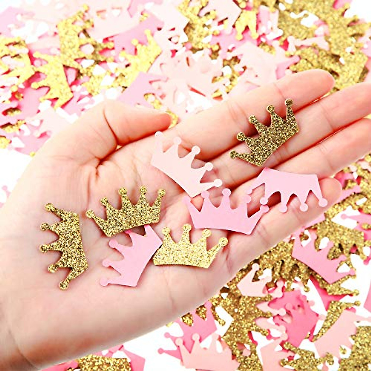 300 Pieces Crown Confetti Glittery Prince King Crown Confetti Baby Shower Crown Confetti for Baby Girl Birthday Party Decorations (Pink Gold, Pink Tone)
