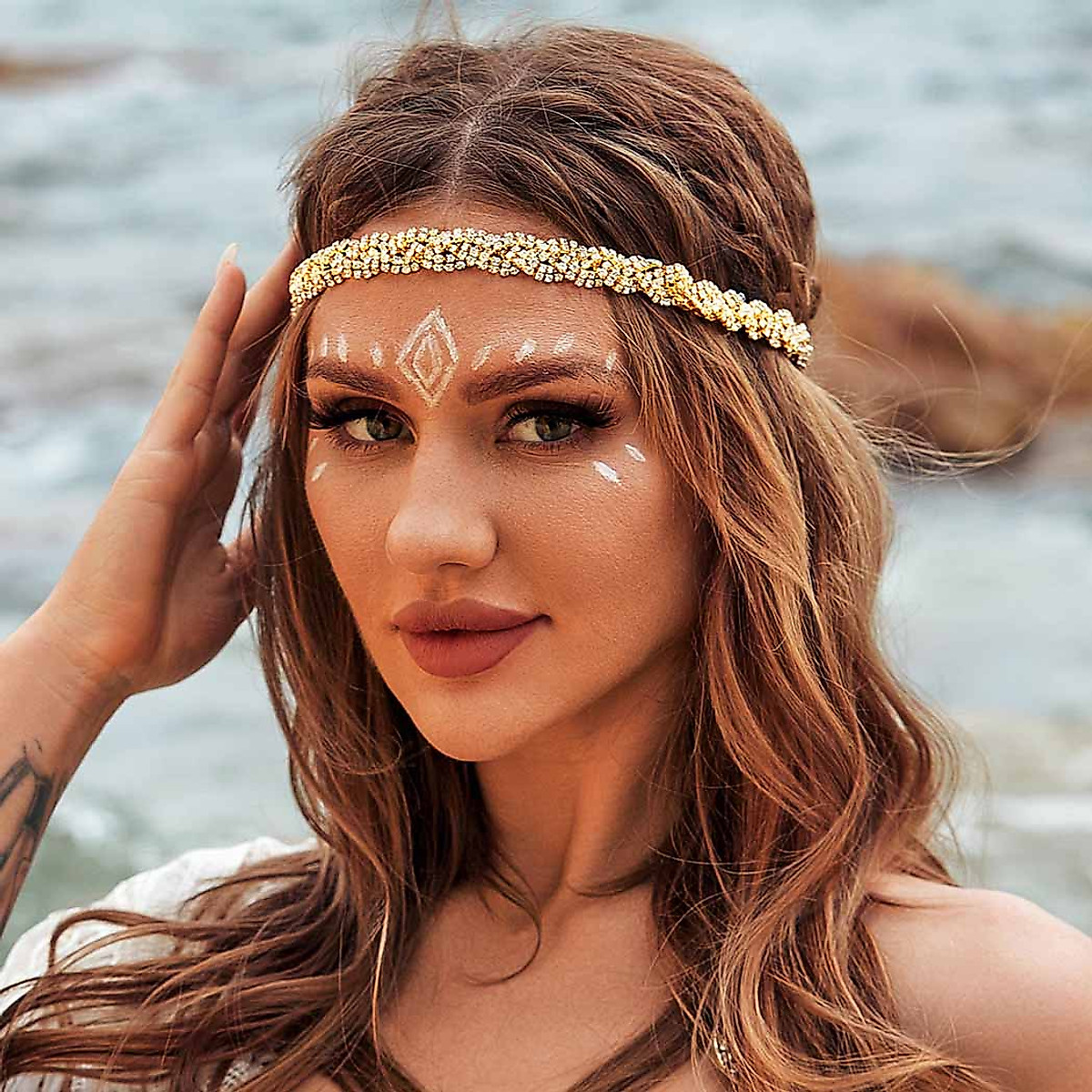 Barode Braided Rhinestones Headband Multicolors Crystal Hairbands Sparkle Head Chain Jewelry Set for Women
