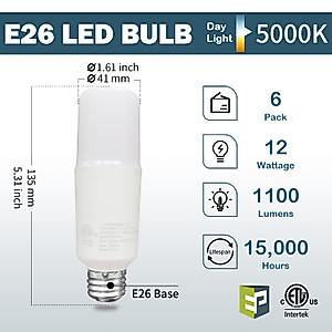 EP 75W Equivalent LED Bulb - 12W 1100 Lumens 5000K Daylight White Non-Dimmable E26 Medium Base - Bright Bulbs for Home, Bedroom, Office Lamp, 6 Pack