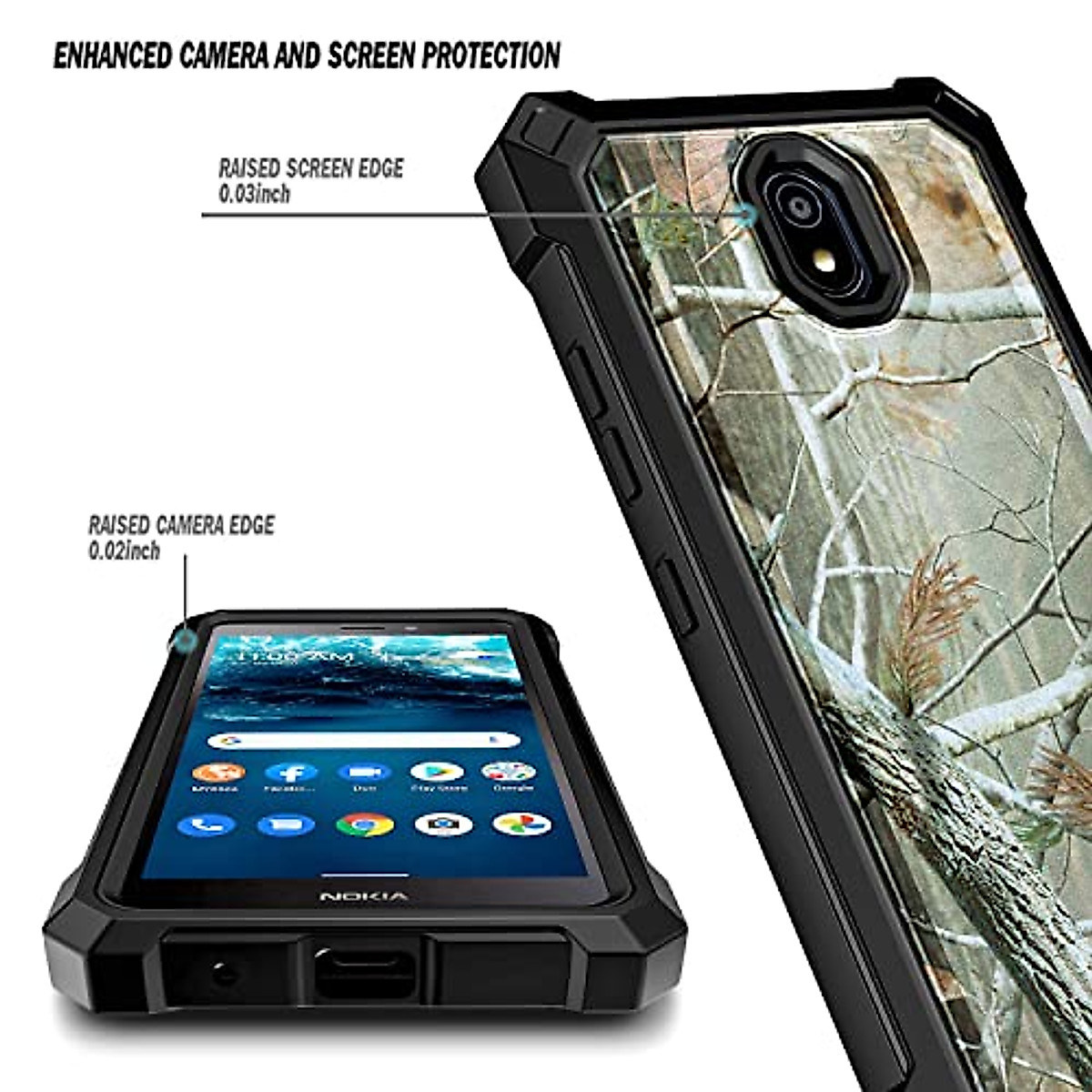 WDHD Case for Nokia C100 with Tempered Glass Screen Protector, Full-Body Protective Shockproof Rugged Bumper Cover, Impact Resist Durable Phone Case (Camo)