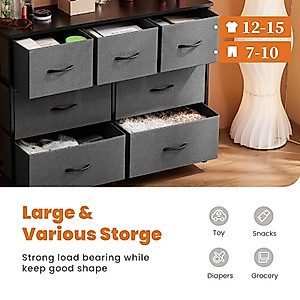 Sweetcrispy Dresser, Dresser for Bedroom, Storage Drawers, TV Stand Fabric Storage Tower with 7 Drawers, Chest of Drawers with Fabric Bins, Wooden Top for TV up to 45 inch, for Kid Room, Closet