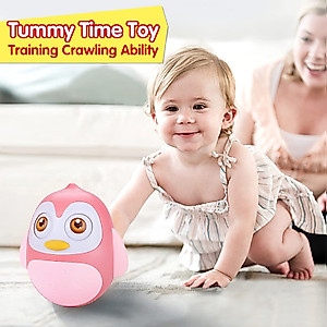 UNIH Roly Poly Baby Toys 6 to 12 Months Developmental, Tummy Time Wobbler Toy for Baby, Penguin Tumbler Wobbler Toys for Infant Boy Girl Gifts (Pink)