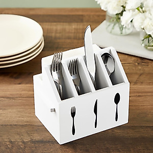 Wooden Utensil Holder, Silverware Caddy for Kitchen (7 x 5.5 x 6.6 In, White)