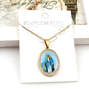 YWLI Miraculous Medal, Virgin Mary Necklace, Religious Gifts for Women, Golden Stainless Steel Necklace Inlaid Zircon Pendant, Fashion Religious Jewelry, Gifts for Women