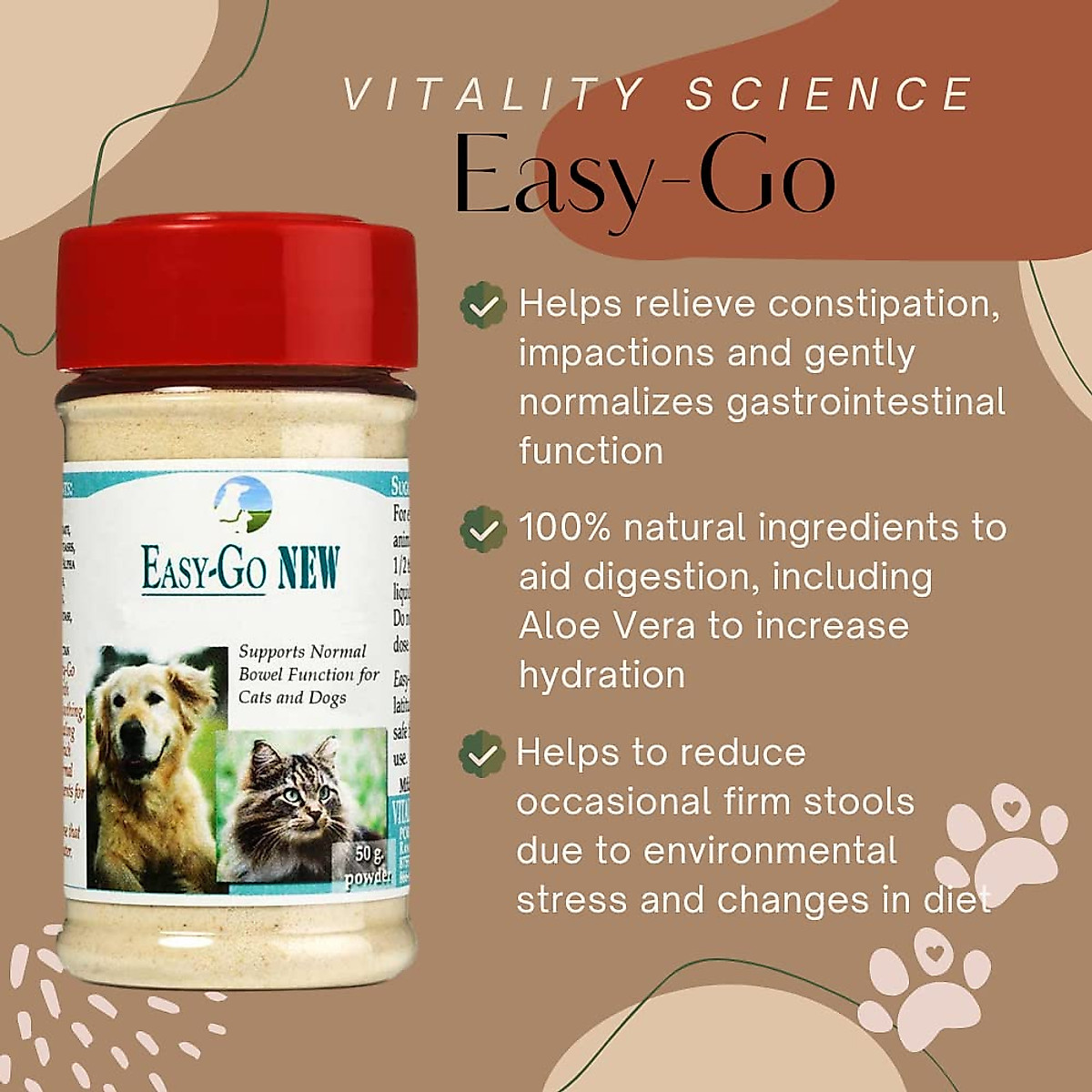 Vitality Science Easy-Go Supplement for Cats and Dogs | Supports Normal Bowel Function | Relieves Constipation | Promotes Healthy Digestive System | Easy to Digest | 100% Natural & Additive Free (50g)