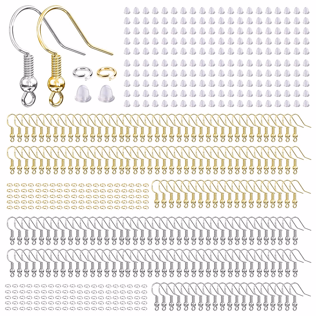 Hypoallergenic Earring Hooks, 600 Pcs Earring Making Supplies Kit with Earring Hooks, Jump Rings and Earring Backs for Jewelry Making (Silver and Gold)