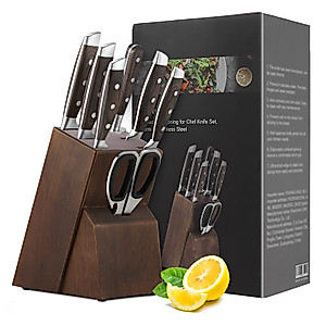 Enfmay Knife Set, 8 Pieces High Carbon Kitchen Knife Set with Block, Stainless Steel Chef Knife Set with Sharpener, Full Tang, Classical style