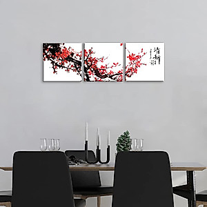 NAN Wind Small Size Traditional Chinese Painting of Red Plum Blossom Canvas Prints 3 Pcs Calligraphy Art Paintings Wall Art Poem Print Painting Framed 12x12inches 3pcs/set
