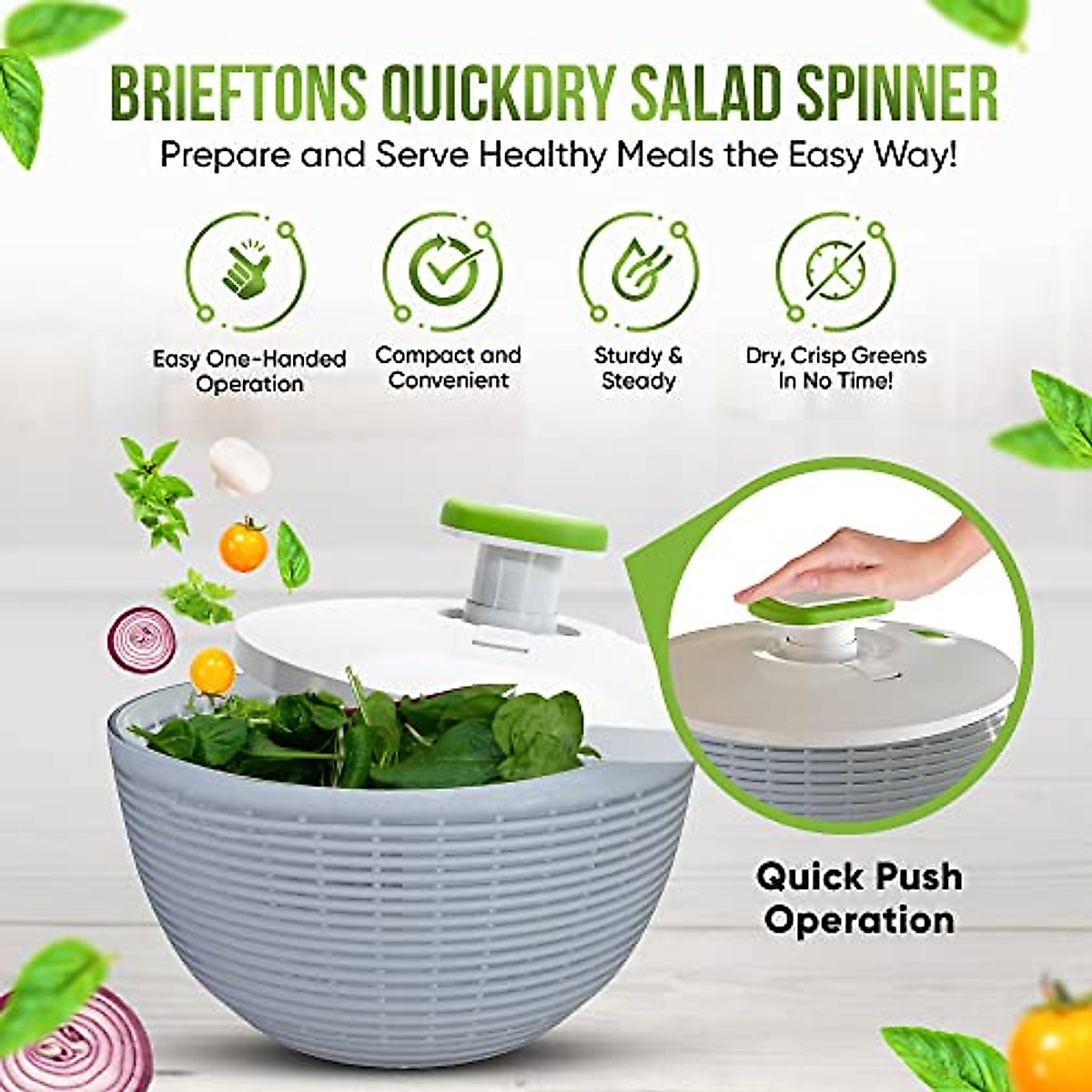 Brieftons 6.2-Quart Large Salad Spinner: Vegetable Washer Dryer Drainer Strainer with Bowl & Colander, Easy One-Handed Pump, Compact Storage, for Washing, Cleaning & Drying Greens, Vegetables, Fruits