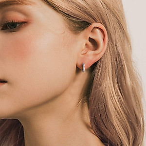 Small Huggie Hoop Earrings for Women 10mm-14K White Gold Plated Cubic Zirconia Cuff Hoop Earrings 925 Sterling Silver Post Hypoallergenic Cartilage Earring for Women(Silver)