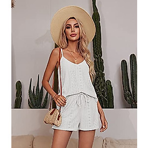 Ekouaer Women's Cami Loungewear Set 2 Piece Casual Summer Outfits Sleeveless Top and Shorts Matching Set V Neck Pj Sleepwear White X-Large