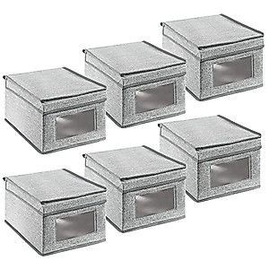 mDesign Soft Fabric Stackable Closet Storage Organizer Box with Clear Window and Attached Hinged Lid for Bedroom, Hallway, Entryway, Closets, 6 Pack - Gray