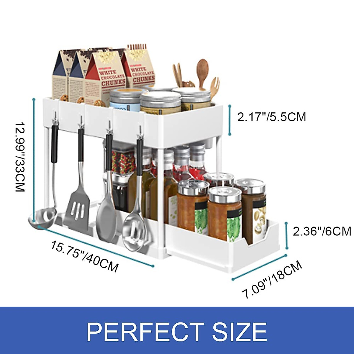 Sliding Under Sink Organizer, Kitchen Cabinet Sink Organizer, Multifunctional Under Sink Shelf Rack Organizer with 2 Cups & 4 Hooks for Bathroom Kitchen(White)