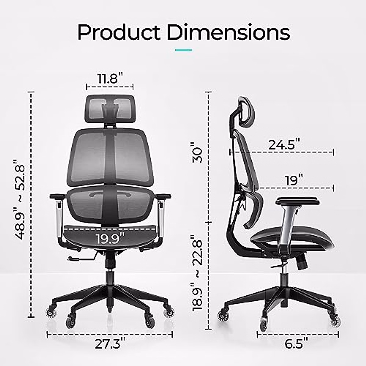 LINSY HOME High-Back Office Chair, Swivel Ergonomic Task Chair with Adjustable Headrest and Arms, Lumbar Support and PU Wheels, Computer Mesh Chair for Home Office, Dark Grey