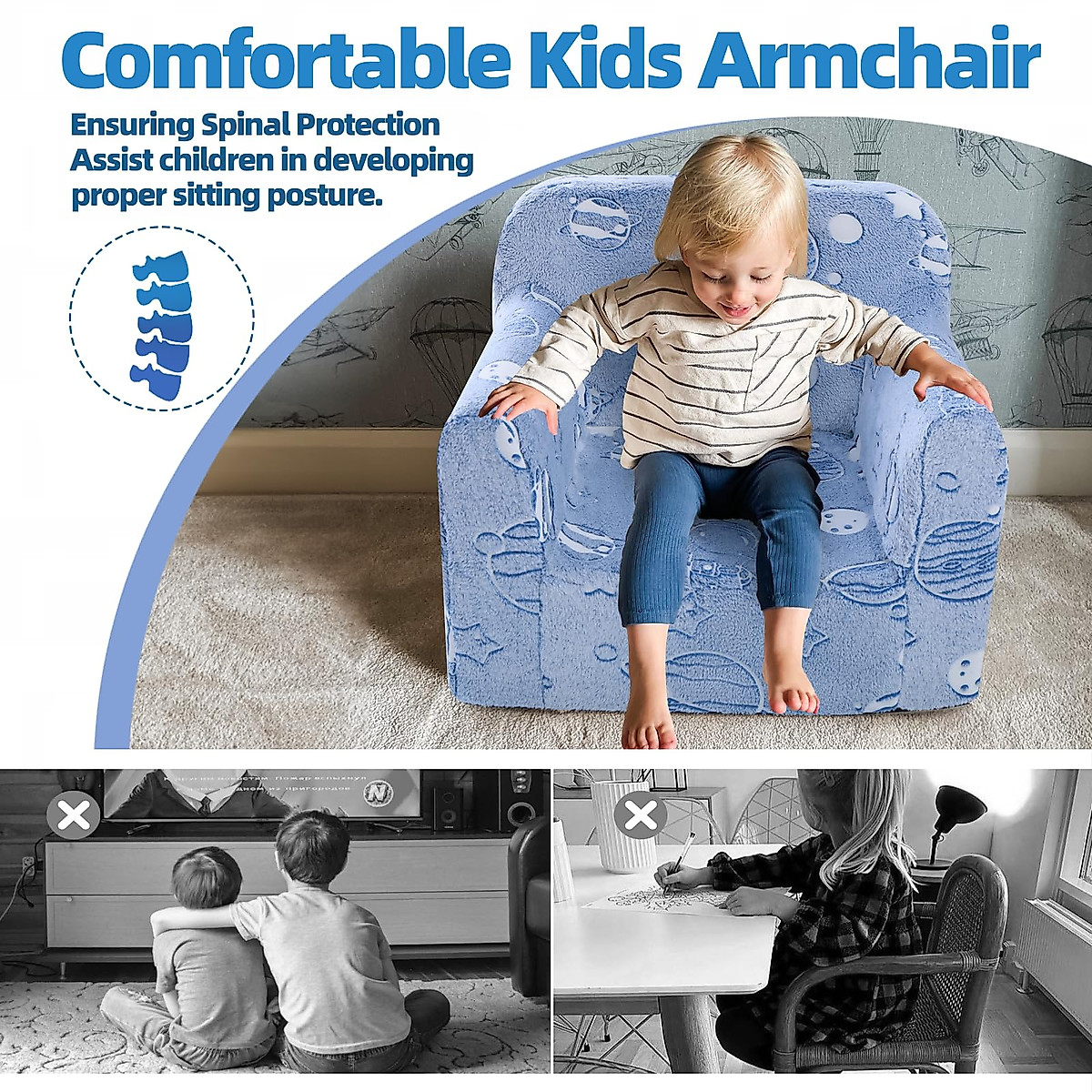 MeMoreCool Plush Toddler Chair Comfy Kids Armchair, Soft Foam Child Chair for Reading, Cozy Plush Chair for Toddlers 1-3, Glow Sofa Couch Kids Chair with Armrest, Blue