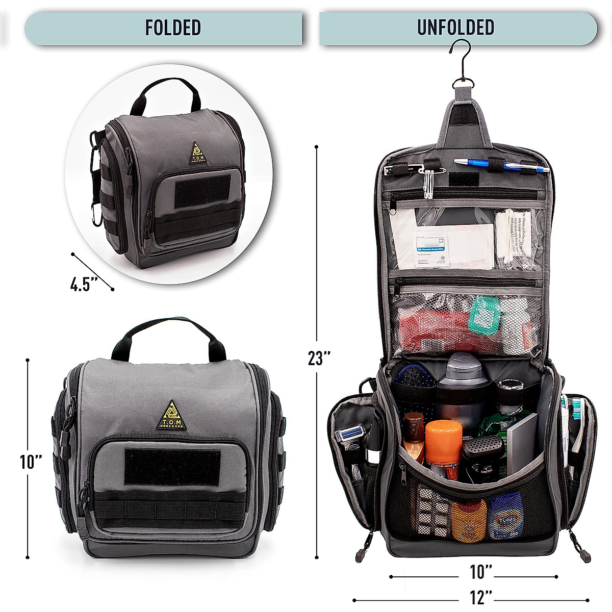 T.O.M HORIZONS Tactical Toiletry Bag for Men. Extra Large, Water Resistant, Heavy Duty, Hanging, Multiple compartments and Storage Options, Dopp Kit for Toiletry Accessories
