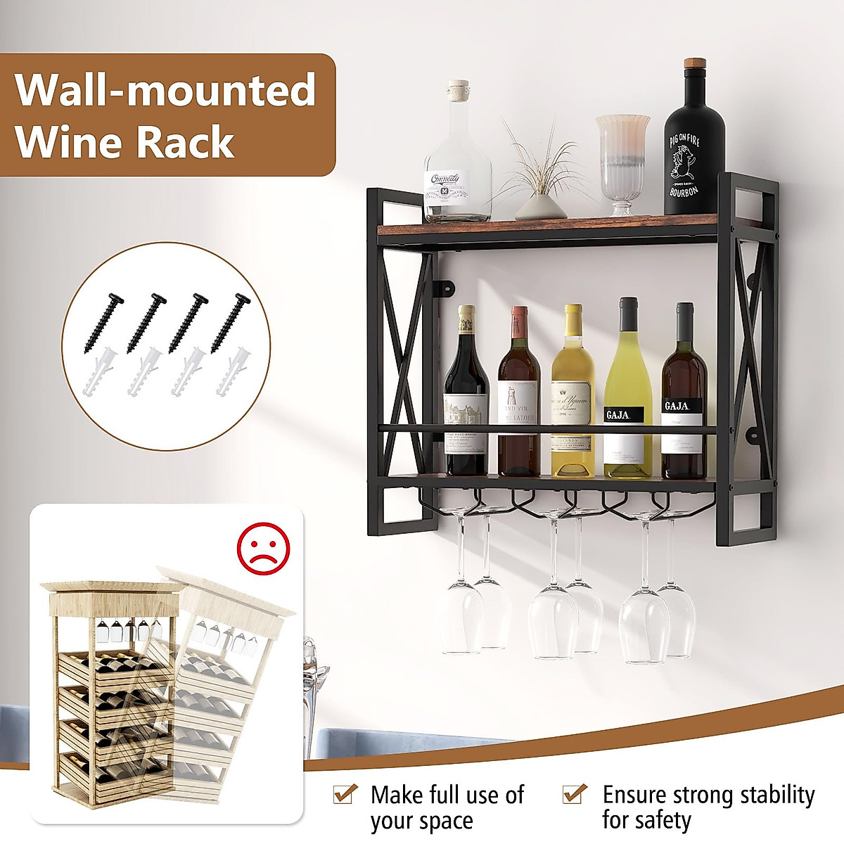 Giantex Industrial Wall Mounted Wine Rack, 2-Tier Metal Hanging Wine Bottle Glass Rack w/ 12-Bottle Holders, Heavy Duty Wall Wine Floating Shelves for Home Bar, Kitchen, Dining Room, Rustic Brown