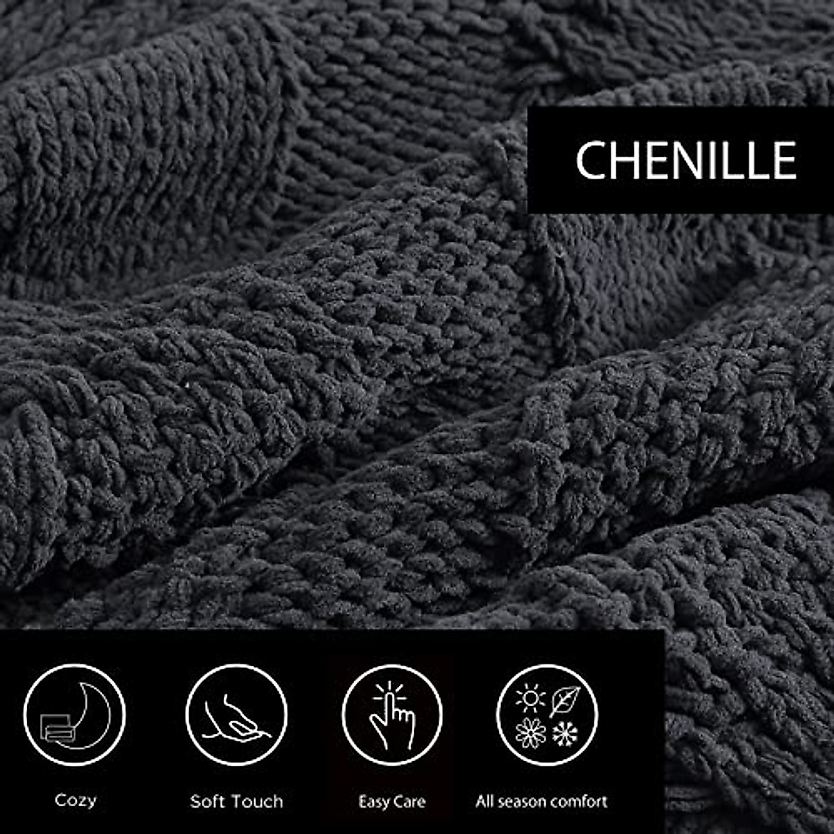 Vera Wang Throw Blanket Ultra Soft Chenille Home Décor, All Season Designer Bedding, 50 x 70, Large Cable Knit Black