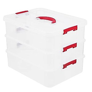 LUOZZY 3-Tiers Stack Carry Storage Box with Handle Large Capacity Stationery Cosmetics Storage Organizer Transparent Storage Bins Stackable (Red)