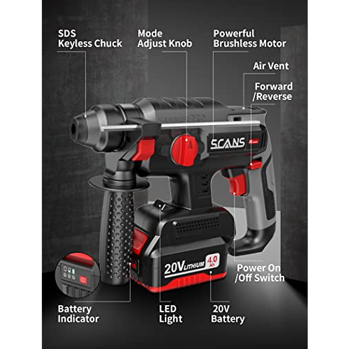 Brushless Heavy Duty Rotary Hammer Drill, 20V Cordless Hammer Drill with 4.0Ah Battery/Charger, SDS Chuck, 4 Modes, Adjustable Handle, Electric Hammer Drill for Wall, Concrete, Brick, Metal, S521-1