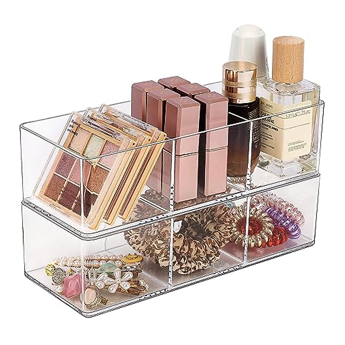 JessLab Acrylic Organizer, 2PK Cube Sections Makeup Organizer for Drawer, Makeup Organizer for Vanity, Countertop, Bathroom, Kitchen and Cabinet Storage(3+3 Compartment)
