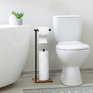 Toilet Paper Holder Stand with Shelf Wood Freestanding Tissue Paper Roll Holder Farmhouse Toilet Paper Standing for Bathroom, Rustic Brown