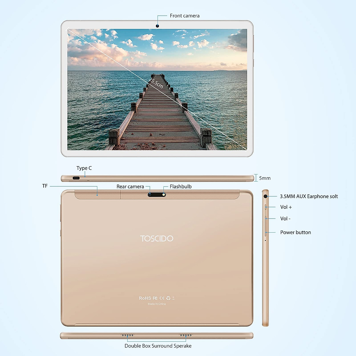 TOSCiDO Android 12 Tablet 10.1 Inch Tablets, 4GB RAM+64GB ROM+1TB Expand,8 Core CPU, 8000 mAh Battery,Bluetooth5.0, GPS,Wi-Fi -Gold