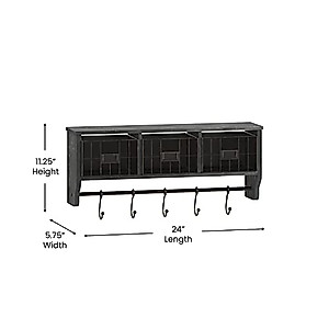 Merrick Lane Enid Wall Mount 24 Inch Solid Pine Wood Storage Rack with Upper Shelf, 5 Hooks, and Wire Baskets for Living Room, Kitchen, or Entryway in Blackwashed