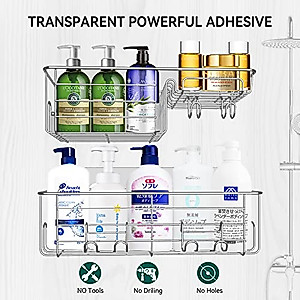 Shower Caddy Bathroom Shelf, CUPAN Shower Caddy Basket Shelf with Soap Dish and Hooks, No Drilling Adhesive Bathroom Shelf SUS304 Stainless Steel Bathroom Kitchen Storage Organizer (2 Pack, Silver)