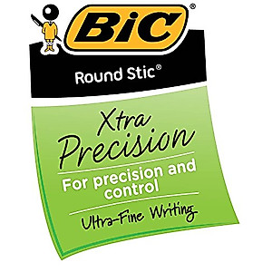 BIC Round Stic Xtra Precision Ballpoint Pen, Fine Point (0.8mm), Blue, 12-Count