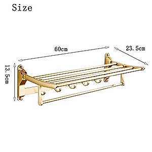 Muti-Function Bathroom Shelf, Space Aluminum Shower Towel Holder, Wall Mounted Double Layer Shelves, Foldable Antirust Towel Rack for Bathroom Hotel 4-Bar 4 Hooks (Color : Gold)